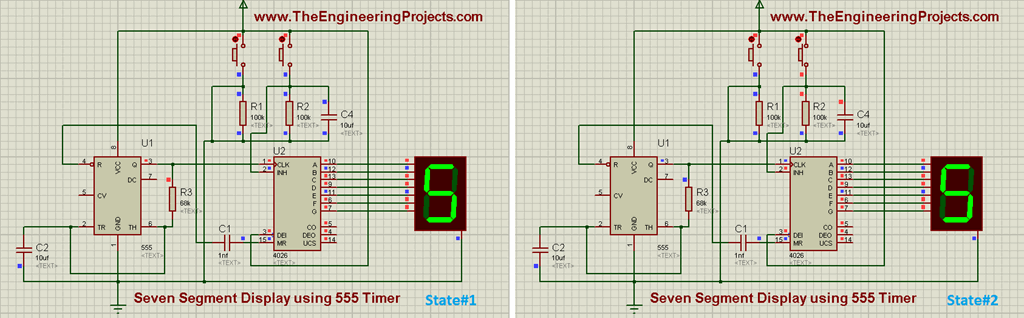 Seven Segment Display Using 555 Timer In Proteus Isis The Engineering Projects