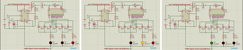 Traffic Signal Control Using 555 Timer In Proteus Isis The Engineering Projects