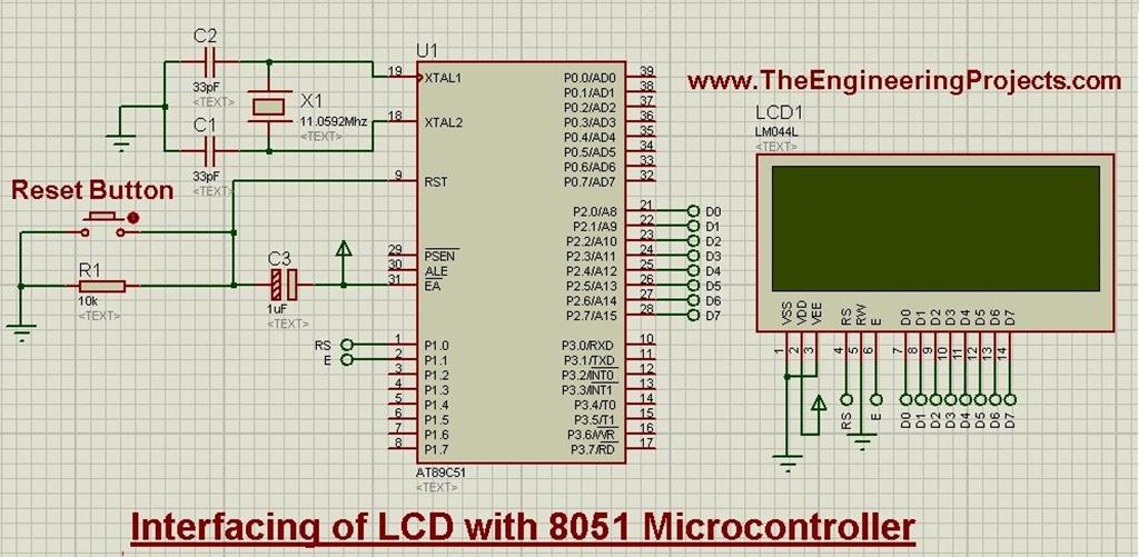 Interfacing of LCD with 8051 Microcontroller in Proteus ISIS - The Engineering Projects