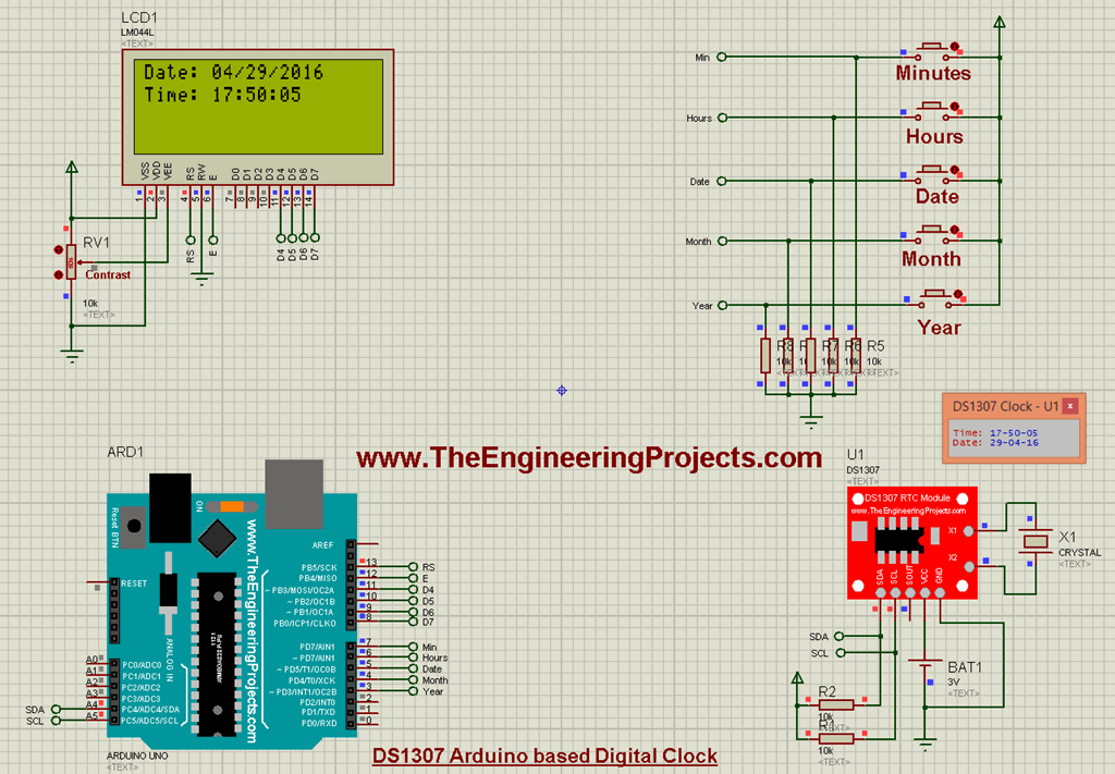 DS1307 Arduino based Digital Clock in Proteus - The Engineering Projects
