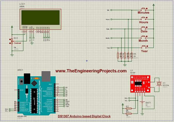DS1307 Arduino based Digital Clock in Proteus - The Engineering Projects