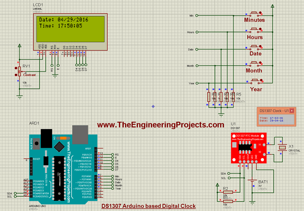 DS1307 Arduino based Digital Clock in Proteus - The Engineering Projects
