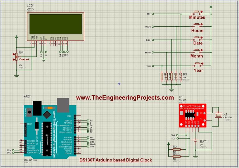 DS1307 Arduino based Digital Clock in Proteus - The Engineering Projects