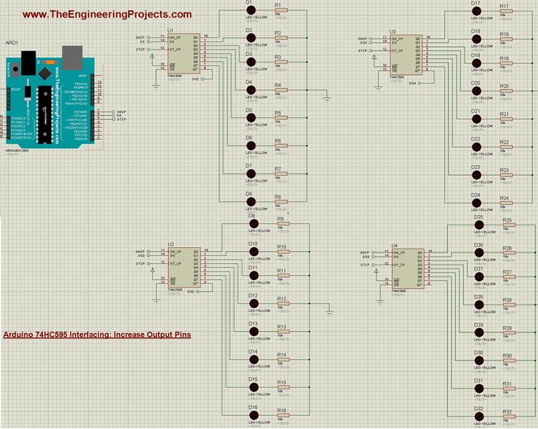 Arduino 74HC595 Interfacing: Increase Output Pins - The Engineering Projects