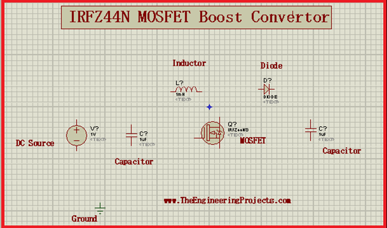 Boost Converter using MOSFET IRFZ44N in Proteus - The Engineering Projects